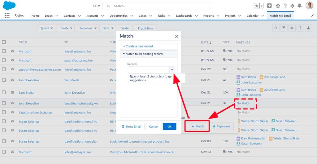 Manually match No Match email message to records - MME Wiki